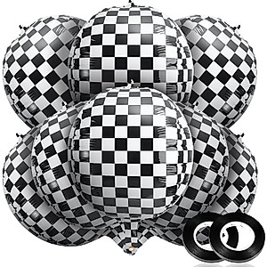 14 Pieces Foil Checkered Balloons 22 Inch Checkered Racing Car Balloons Black White Checkerboard Balloons Racing Themed Birthday Balloons with Black Ribbon for Racing Themed Party Decoration