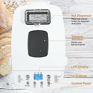 Patioer Bread Maker Machine with Gluten Free Setting 3LB 2.5LB 2LB Automatic Loaf Bread Machine with Fruit & Nut Dispenser 14-in-1 Breadmaker Dual Paddle Programmable 3 Crust Colors, White