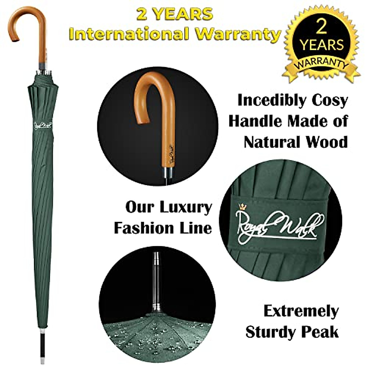 Royal Walk Large Windproof Umbrella for 2 People, 54 Inch, Dark Green, Auto Open, Wooden Handle, 16 Ribs, Travel Size