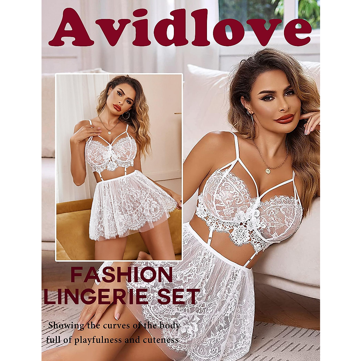 Avidlove Lingerie for Women Lace Exotic Negligee Bridal Nightdress White X-Large