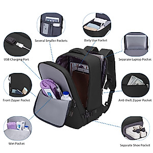 Travel Backpack for Women Men, Airline Approved Carry On Luggage Backpacks for Travel, Waterproof Laptop Backpack School Backpack Casual Daypack Hiking Backpack with USB Charging Port Shoe Compartment