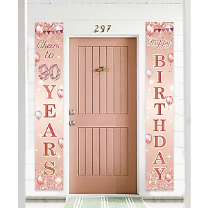 Happy Birthday Rose Gold Banner Cheers to 90 Years Backdrop Balloon Confetti Theme Decor Decorations for Front Door Porch Women 90th Birthday Party Pink Birthday Party Supplies Bday Favors Glitter