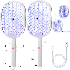Qualirey 2 Pack 3 in 1 Electric Fly Swatter Foldable 3000V Handheld Mosquito Zapper with USB Rechargeable Base Bug Zapper Racket Fly Killer and Mosquito Trap Lamp Hanging Standing for Indoor Outdoor