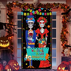 Mexican Day of The Dead Porch Sign Door Banner, Mexico Dia De Los Muertos Sugar Skull Sign Hanging Door Cover Home Wall Decor for Indoor Outdoor Halloween Fiesta Baby Shower Birthday Party Supplies
