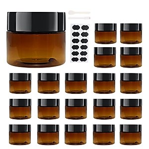 zmybcpack 20 Pack 4 OZ(120ml) Amber Plastic Jars with Black Lids, 10 Spatulas, A Pen, Labels - PET Storage Container for Cosmetic, Cream, Gel, Lotion-Travel Jar Plastic Slime Jars