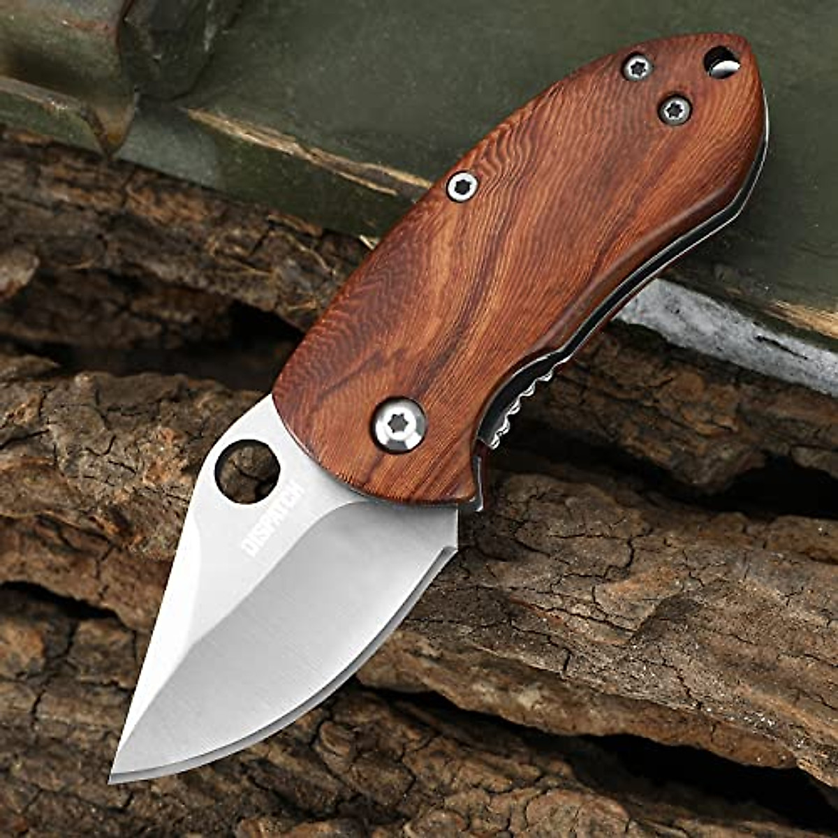 Dispatch Mini Folding Small Pocket Knife, Stainless Steel Sanding Blade and Steelhead EDC Tactical Tools with Wooden Handle, Everyday Carry, Unique Small Gift for Father-Mother Men Women