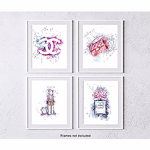 Fashion Glam Wall Art Decor Prints - Chanel Pink Wall Decor For Girls Bedroom Makeup Room - Glam Decor  Wall Posters - Perfume Handbag Makeup Art - Glam Fashion Wall Art Prints - Set of 4 (8x10) - Unframed