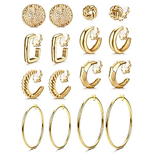 THUNARAZ 8 Pairs Gold Clip On Earrings for Women 14K Gold Plated Chunky Clip On Hoop Earrings Non Pierced Fashion Fake Hoops Earings Jewelry Set