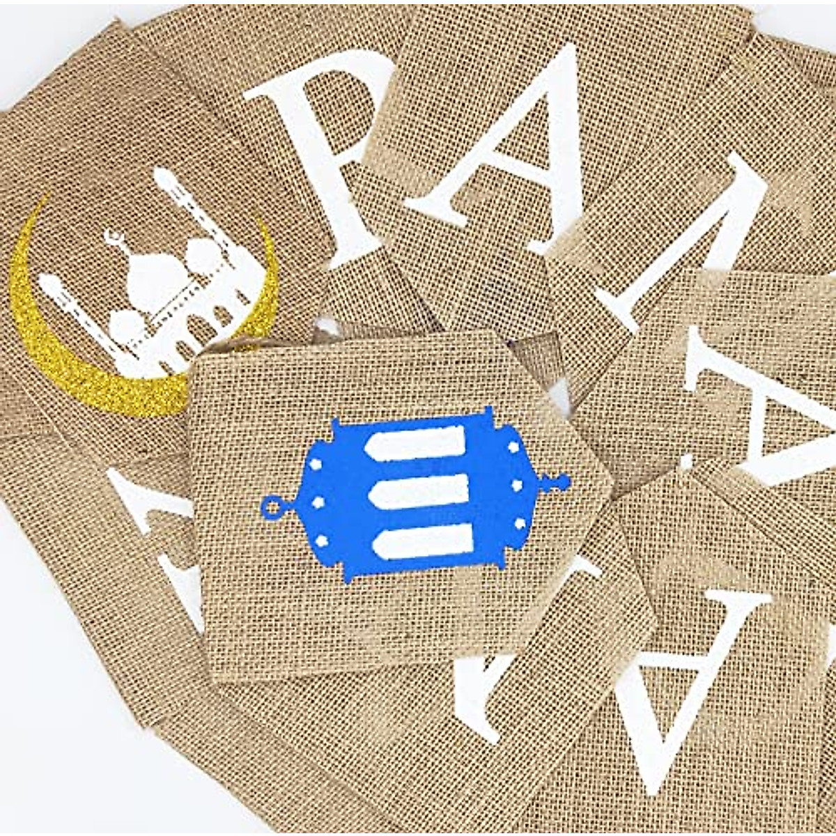 PTFNY Ramadan Mubarak Burlap Banner Muslim Ramadan Mubarak Bunting Banner Garland with Moon Castle Lantern Signs for Islamic Ramadan Eid Festival Celebration Mantle Fireplace Wall Party Decorations
