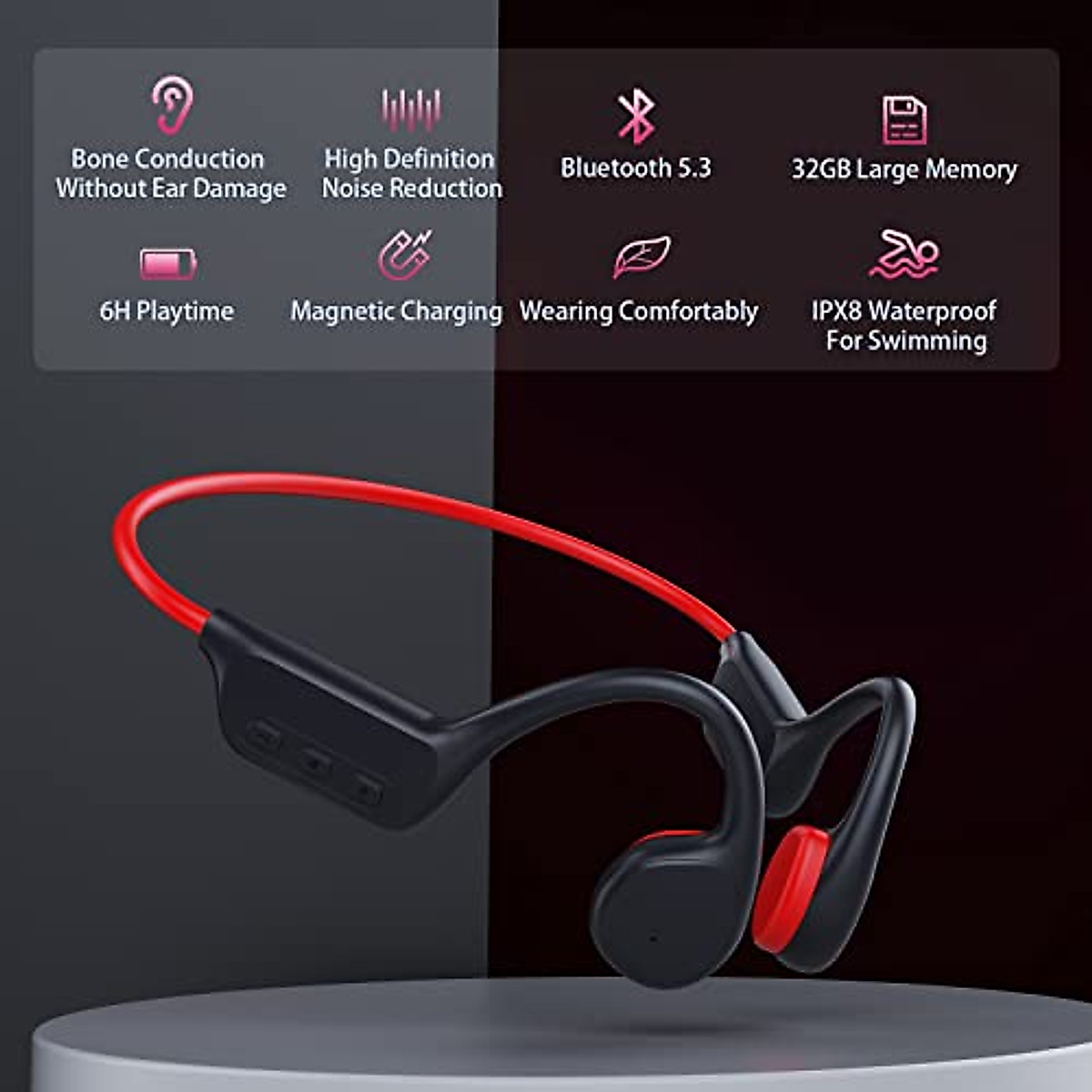 FOLEY Bone Conduction Headphones, IPX8 Waterproof Underwater Headphones for Swimming Wireless Bluetooth 5.3 Build-in 32GB Memory and Microphone MP3 Player Open Ear Headsets for Diving/Cycling/Running