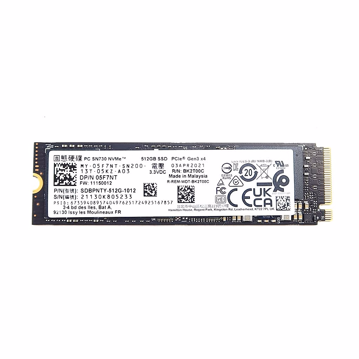 Solid State Drive 5F7NT 05F7NT MY-05F7NT Compatible Replacement Spare Part for Dell Western Digital SN730 SDBPNTY-512G 512GB PCI Express 3.0 x4 TLC NVMe M.2 2280 Internal SSD