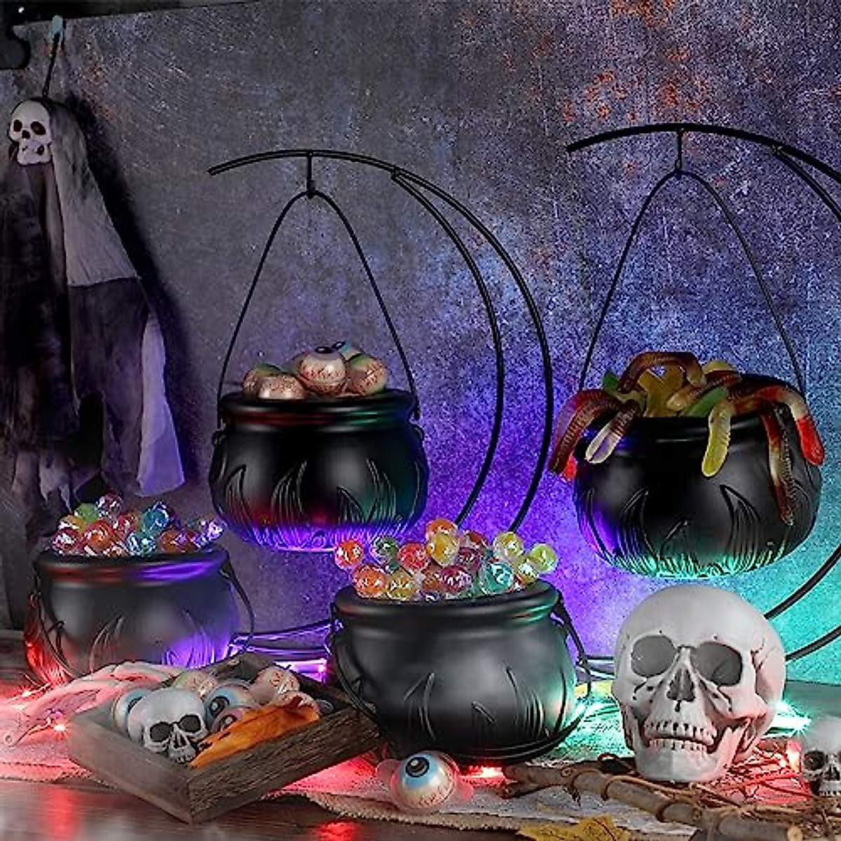Dandat 4 Sets Halloween Light up Witches Cauldron Candy Bucket Witches Cauldron Serving Bowls on Rack Black Plastic Candy Bucket Cauldron with String Lights for Indoor Outdoor Home Kitchen Decoration