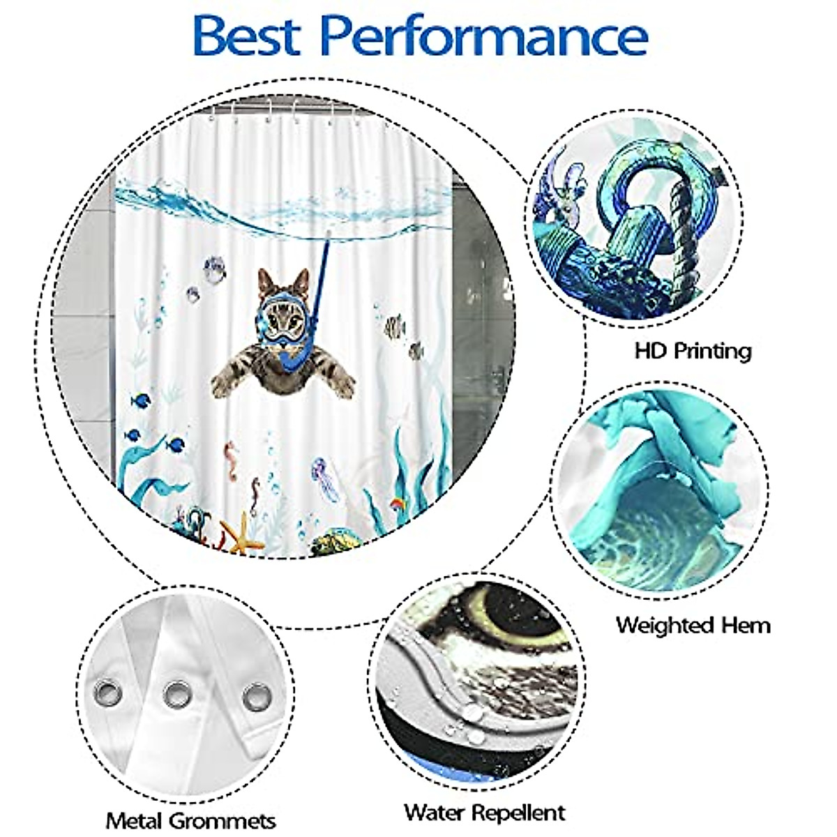 Fowocu Funny Cat Shower Curtain Set Teal Blue Sea Ocean Waterproof Fabric Shower Curtains with Animal Octopus Starfish Turtle Anchor Fish Nautical Bathroom Curtain Decor (Blue, 72''×72'')