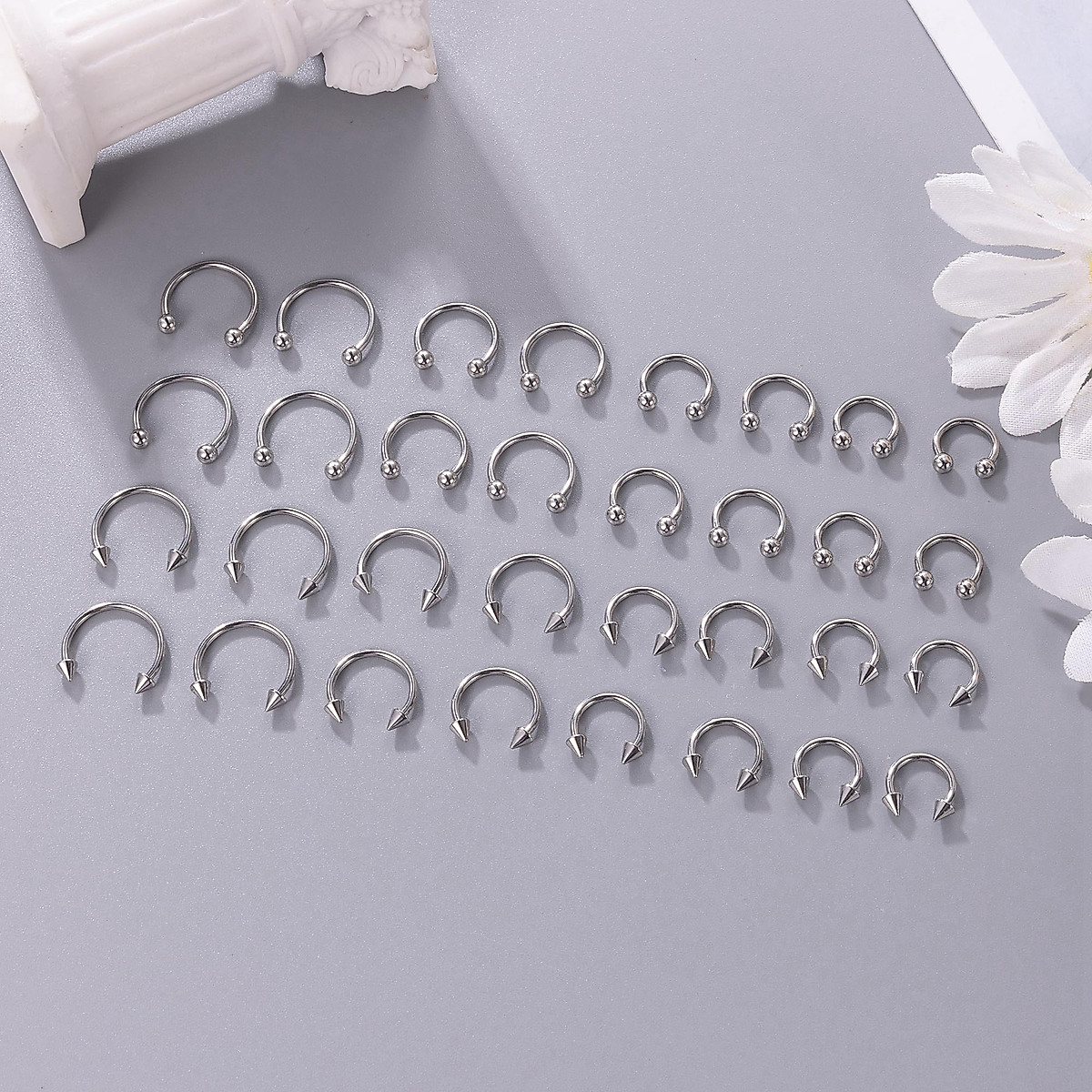 NICEIGHT 32Pcs 14G 16G 18G Surgical Steel Septum Nose Rings for Women Men Horseshoe Earrings Cartilage Helix Tragus Eyebrow Lip Daith Hoop Smily Piercing Jewelry 18G S