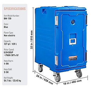 VEVOR Insulated Food Pan Carrier, 127 Qt Hot Box for Catering, LLDPE Food Box Carrier w/Double Buckles, Front Loading Food Warmer w/Handles, End Loader w/Wheels for Restaurant, Canteen, etc. Blue