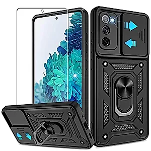 Atump Samsung Galaxy S20 FE Case(4G/5G),Galaxy S20 Fan Edition/S20 Lite with HD Screen Protector with Slide Camera Cover, 360° Rotation Ring Kickstand [Military Grade] Case for Samsung S20 FE Black
