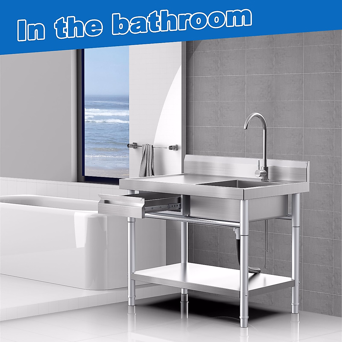 EHVCISTQ Stainless Steel Utility Sink Freestanding Single Bowl Laundry Sink with Hot and Cold Water Plumbing Workbench Drawers for Laundry Room Farmhouse Indoor and Outdoor Sink