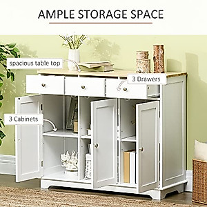 HOMCOM Sideboard Buffet Cabinet with Drawers, Kitchen Cabinet, Coffee Bar Cabinet with Rubberwood Top and Adjustable Shelves for Living Room, Kitchen, White