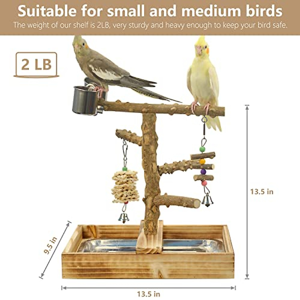LIMIO Natural Wood Bird Toys Playground, Bird Cage Accessories, Bird Perches, with Removable Tray and 2 Stainless Steel Cups