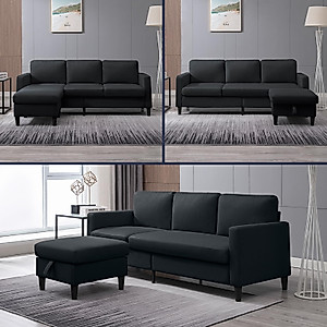 Zafly Convertible Sectional Sofa Couch with Movable Storage Ottoman Chaise, Living Room 3 Seat L-Shaped Sofá, Modern Linen Fabric Home Sofa -Dark Gray