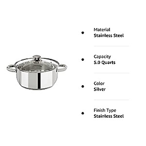 Ecolution Stainless Steel Stock Pot with Encapsulated Bottom Matching Tempered Glass Steam Vented Lids, Made Without PFOA, Dishwasher Safe, 5-Quart, Silver
