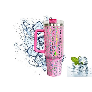 Holographic Leopard Tumbler 40 oz with Handle, Water Bottle, Gifts for Women & Men, Insulated Cup with Lid and Straw, Simple Modern, Water Bottles & Stanley Cups Trending Tumbler Gift 3D Pink