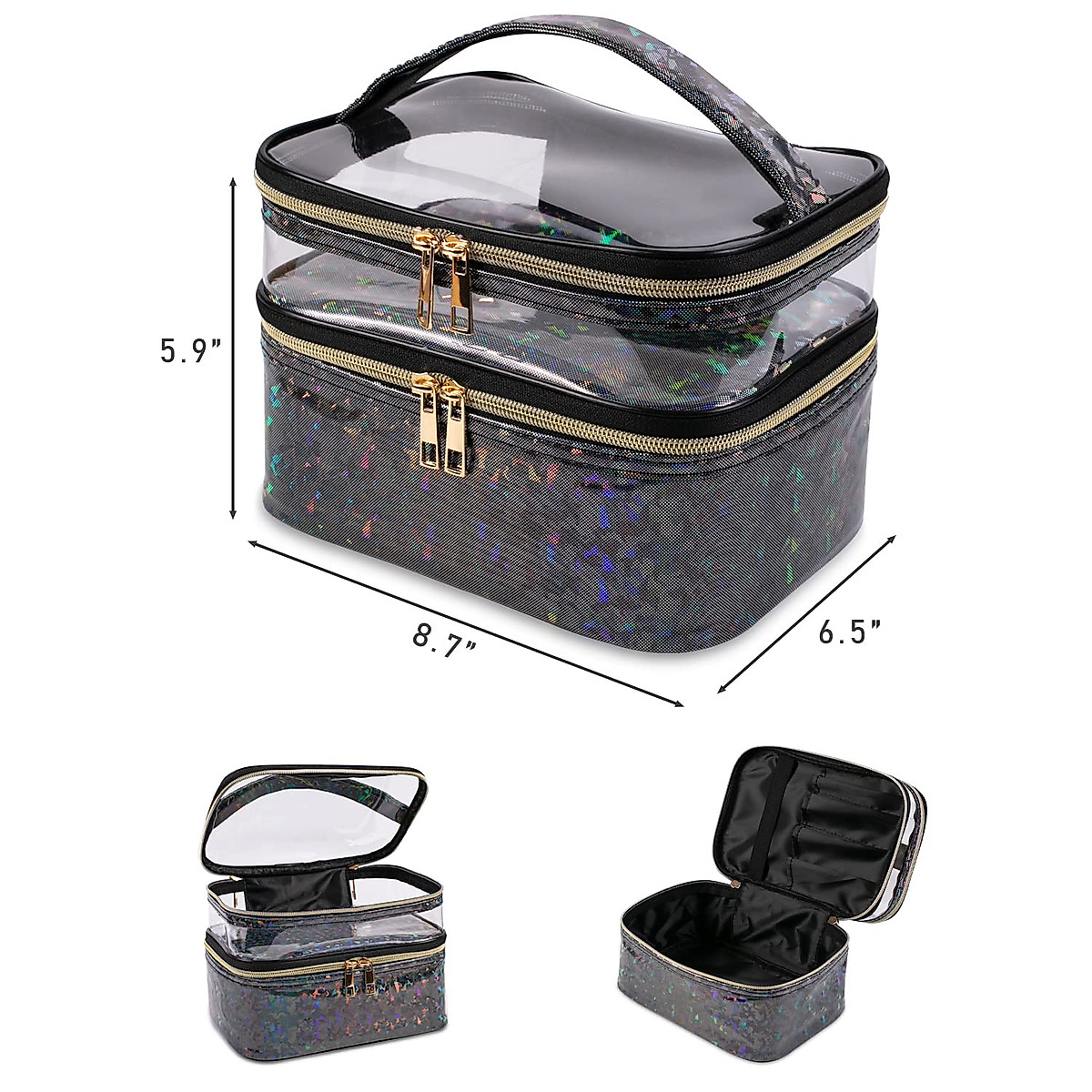 imerelez Double-layer Makeup Bag Cosmetic Bag Travel Makeup Cases Organizer Toiletry Bag Gift for Girls Women, Portable Waterproof (Black)