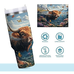 Slewiaeky Tumbler with Handle 40 oz Cow Cattle Kawaii Travel Mug with Lid and Straw Ocean Stainless Steel Vacuum Insulated Water Bottle Cup for Iced Tea Coffee Cold Beverages Cup Holder Friendly