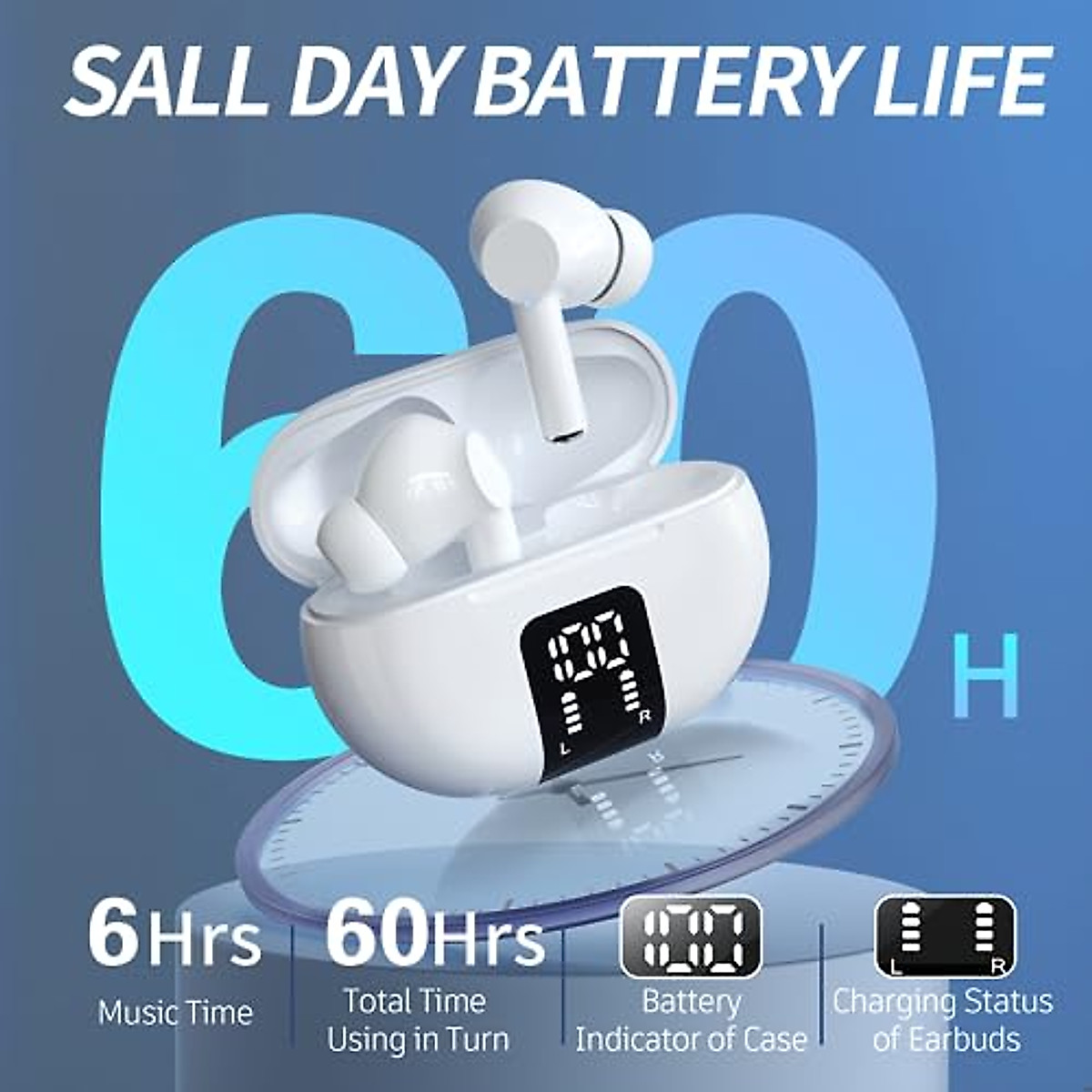 Wireless Earbuds Bluetooth Earbuds 60H Playtime LED Power Display Charging Case Bluetooth 5.3 Headphone with Noise Cancellation Mic, Stereo Sound, IPX5 Ear Buds for iPhone/Samsung/Android/iOS,White