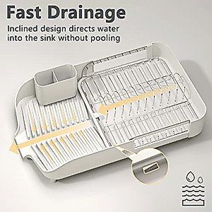 Genteen Dish Drying Rack, Dish Racks for Kitchen Counter Expandable Dish Drainer with Stainless Steel Cutlery Rack and Utensil Holder, Drying Rack for Kitchen Counter in White