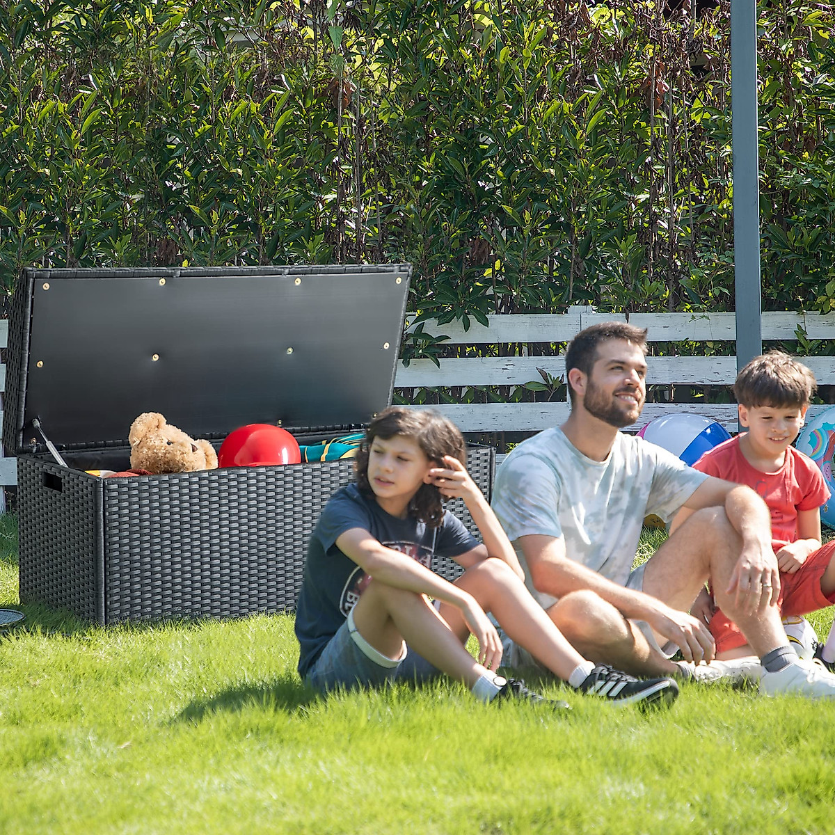 Devoko 70 Gallon Rattan Wicker Large Storage Bench Deck Box Outdoor Indoor Waterproof Storage Box with Wood Bench Surface for Patio Furniture Cushions, Toys, Garden and Pool Tools