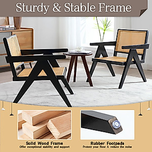 ABET Cane Accent Chairs Set of 2, Wooden Comfy Rattan Living Room Chairs with Woven Backrest & Seat, Solid Leisure Armchair, Mid-century Boho Cane Lounge Chairs for Bedroom, Patio, Balcony, Black