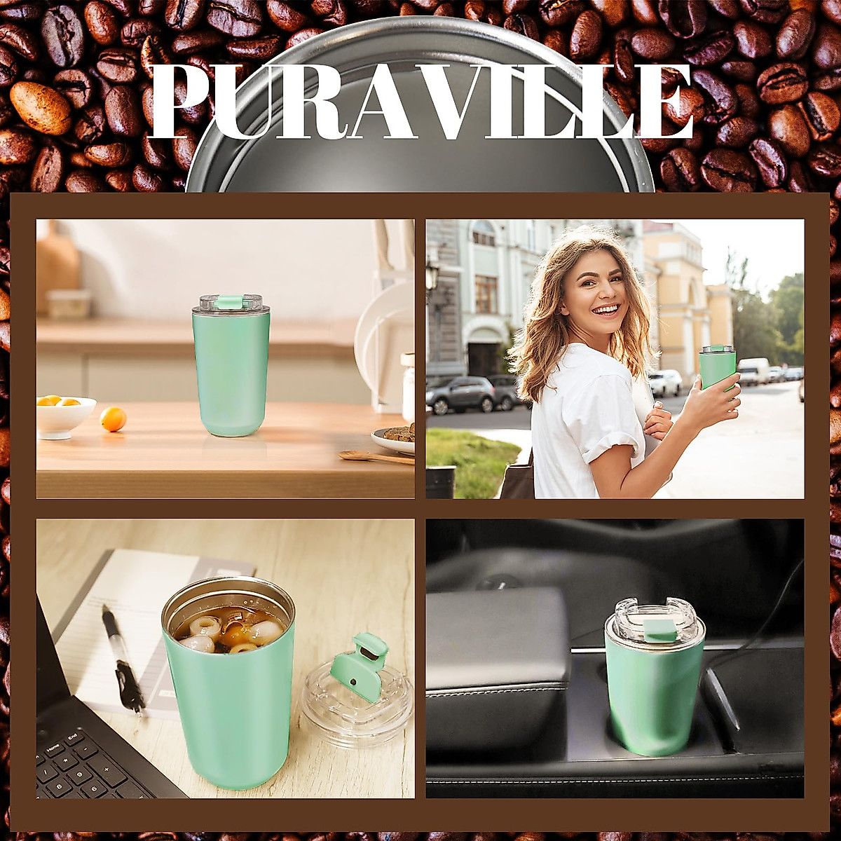Puraville Insulated Tumblers with Lid, 14 oz Travel Coffee Mug Stainless Steel Vacuum Cup, Leak Proof Reusable Double Walled Coffee Tumbler for Iced and Hot Drinks, Green