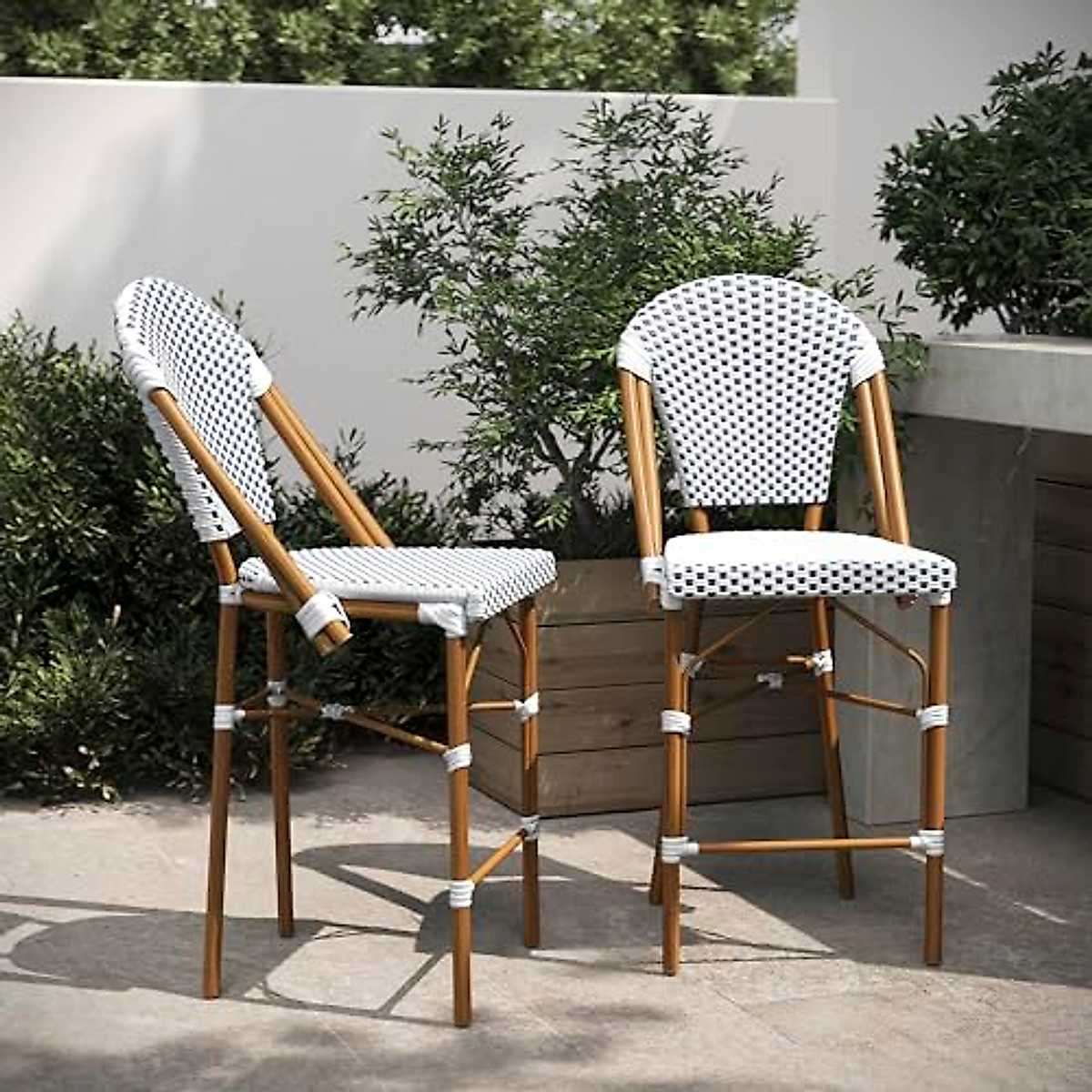 Flash Furniture Lourdes Commercial Grade Bistro Counter Height Stool, Stackable Indoor/Outdoor Dining Stool, 26" High, White/Navy and Bamboo Finish, Set of 2