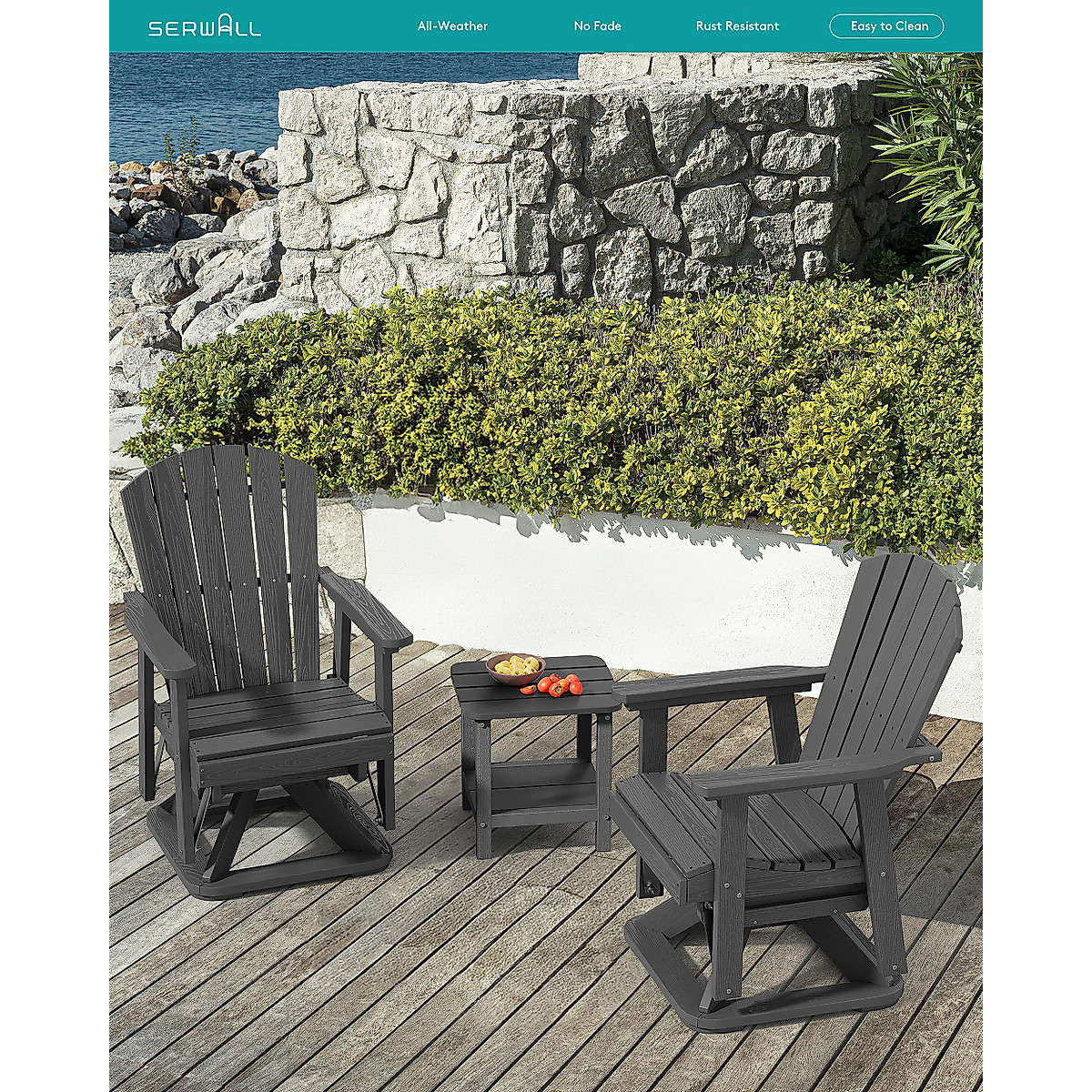 SERWALL Adirondack Swivel Glider Chair, HDPE Swivel Glider for Outdoor, All-Weather Glider Chair for Porch, Balcony, Slate Grey