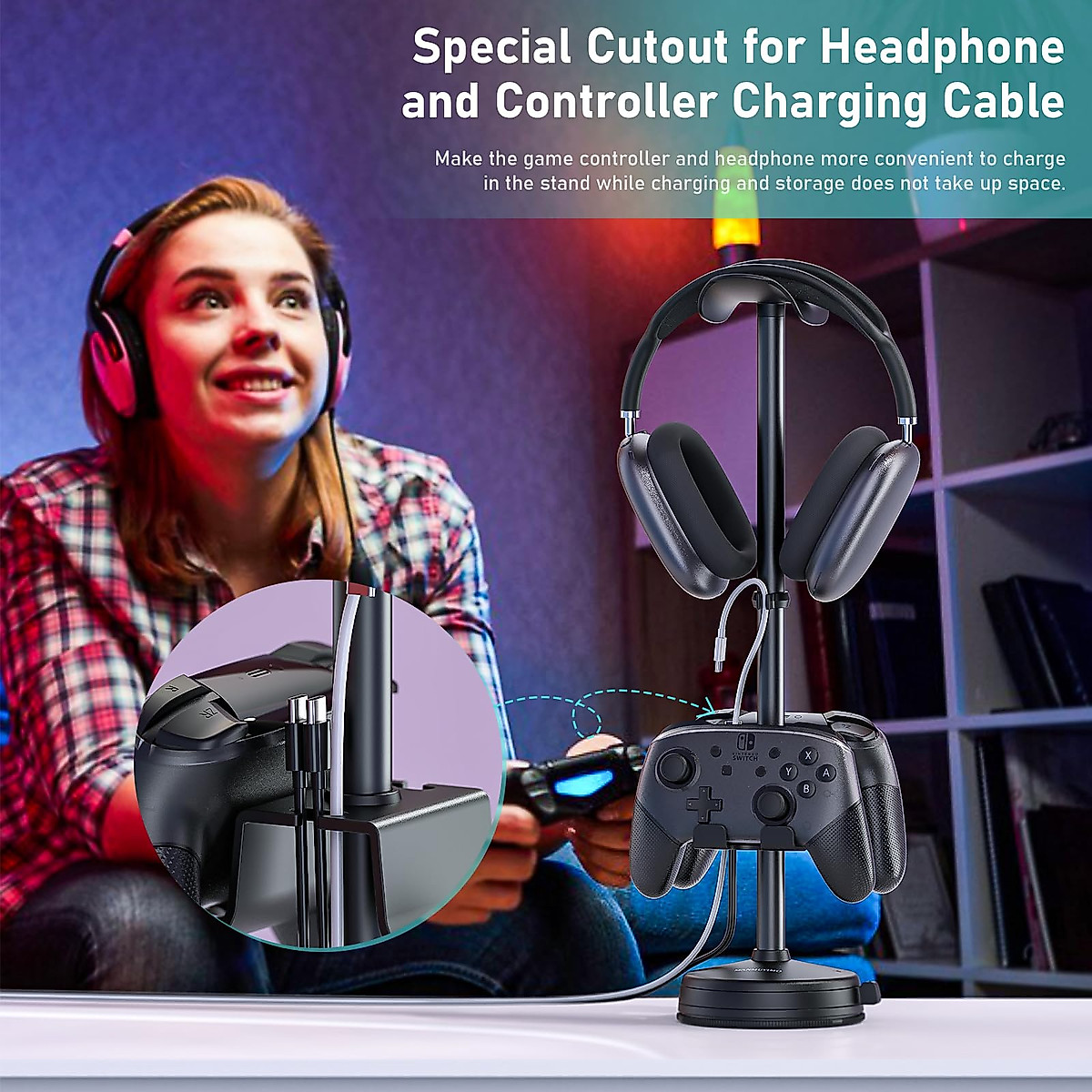 Desktop Headphone Controller Stand Holder with Anti-Slip Heavy Base Stable Suction Cup, Universal Aluminum Headset Controller Storage Organizer Compatible for PS5/Switch Pro/Xbox/Airpods/Beats/Bose