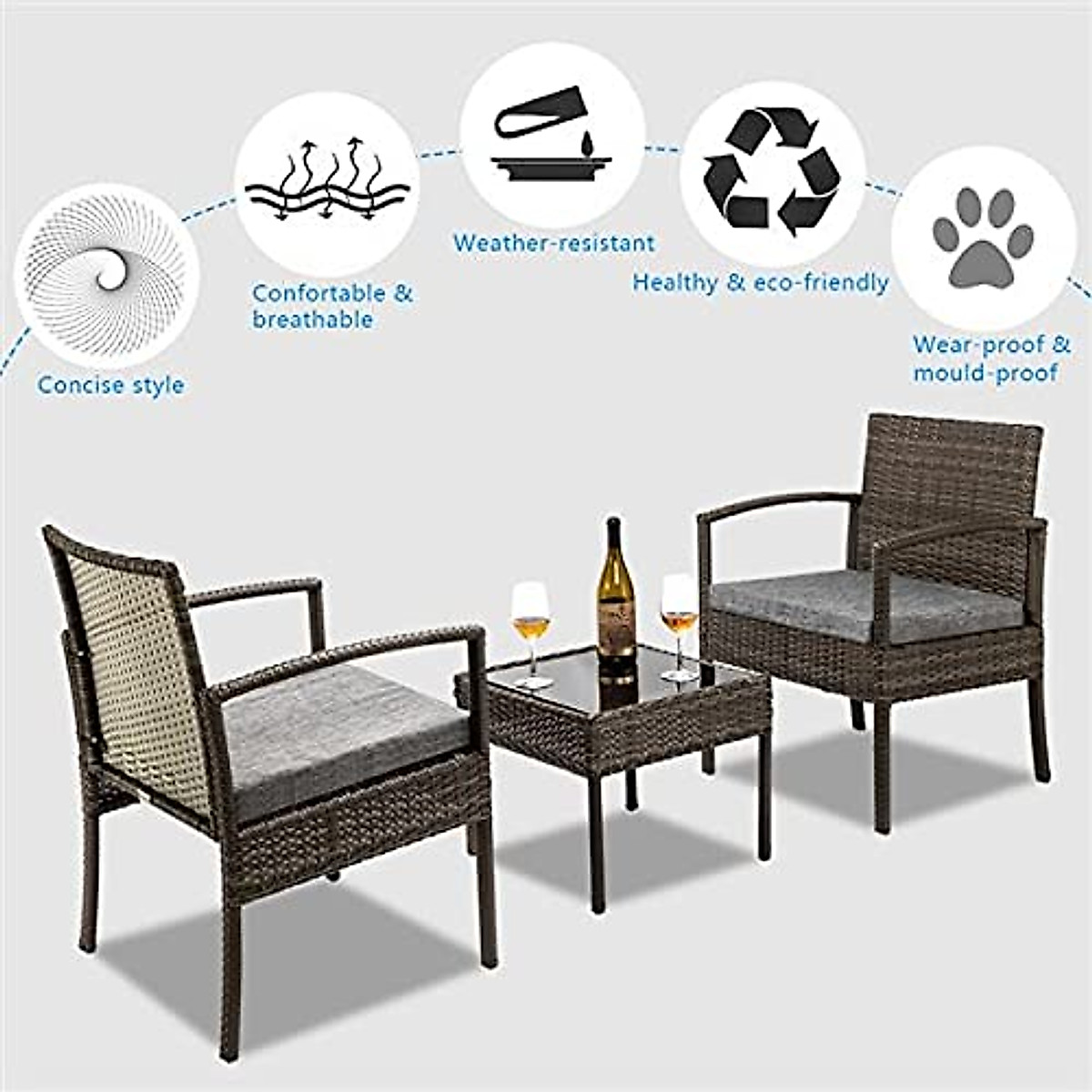 JYDQM in Stock 3 Piece Patio Furniture Set Wicker Rattan Outdoor Patio Conversation Set 2 Cushioned Chairs & End Table