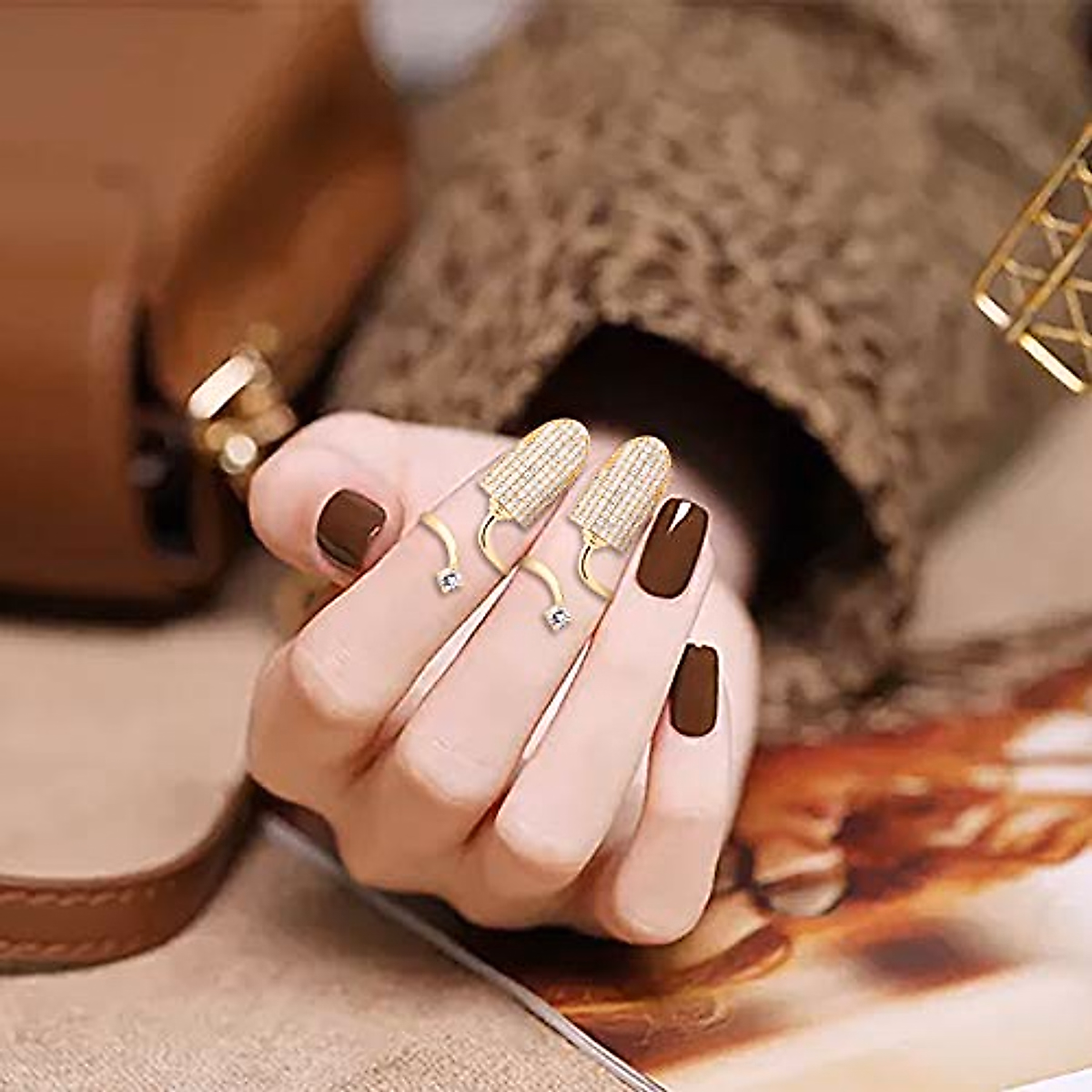 JINAO 14K 6 Times Gold Platinum Plated Full Bling Iced Out CZ Women Fashion Finger Nail Ring for women Unique Fingernail Protective Nail Cap Cover Ring (Gold)