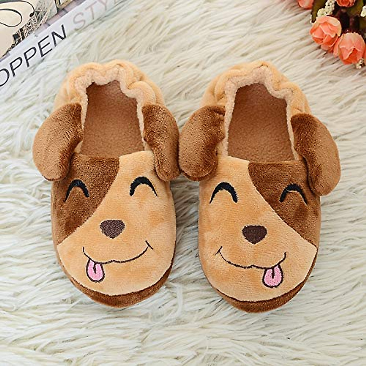 eccbox Toddler Boys Girls Cute Slippers Unicorn Fluffy Fuzzy Winter Warm Slippers Cartoon Animal Plush Indoor House Slip-on Shoes (Brown Dog, numeric_7_point_5)