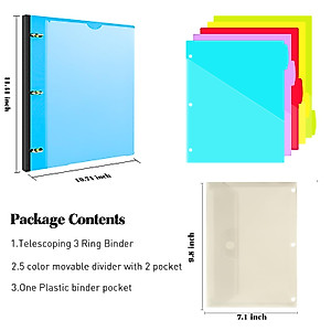 INFUN Telescoping Project Organizer Binder,13 Pocket 3-Ring Folder Binder with Customizable Front Cover,Refillable Binder Organizer with 5 Colors Divider with Tabs and Plastic Binder Pocket -Blue