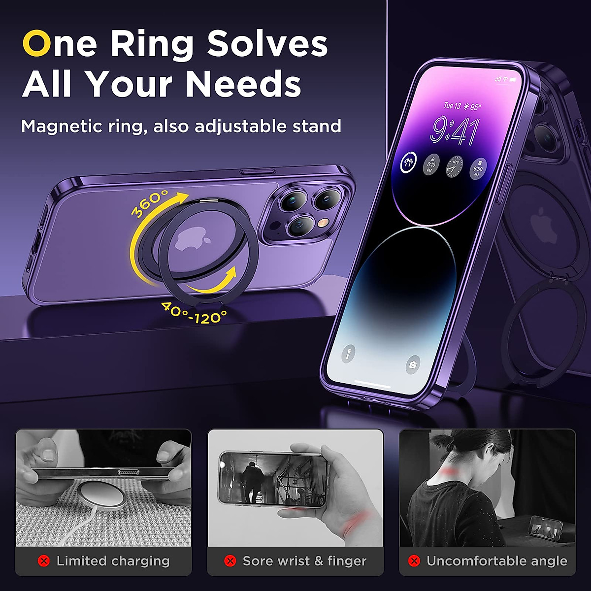 Juntone for iPhone 14 Pro Max Case with 360° Rotatable Magnetic Ring[Compatible with Magsafe][Invisible Kickstand] 12FT Military Shockproof Translucent Matte Back Slim Phone Cover 6.7", Purple