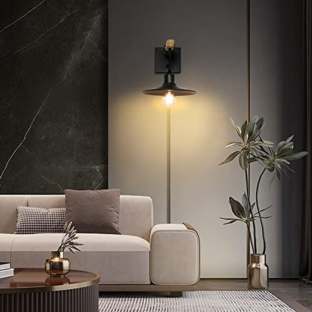 OOWOLF Plug in Wall Sconces Set of Two, Farmhouse Wall Mounted Light with Plug in Cord, Dimmable Black Rustic Wall Lamp for Bedroom, Living Room, with Wood Arm and 59inch On/Off Switch Cord, 2 Pack