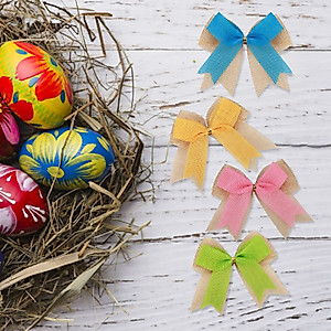 Meseey 12 Pcs Easter Burlap Bows 4 Inch Pink/Yellow/Blue/Grenn Spring Bow for Holiday Spring Wreath DIY Crafts Home Decoration (Spring)