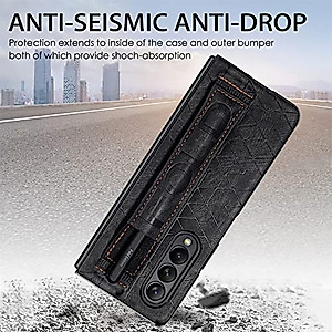 Omio Designed for Samsung Galaxy Z Fold 3 Leather Case with S Pen Holder & Strap, Wrist Strap Leather Back Cover Case Hard PC Shockproof Finger Grip Case for Galaxy Z Fold 3 Men Women Girls, Black