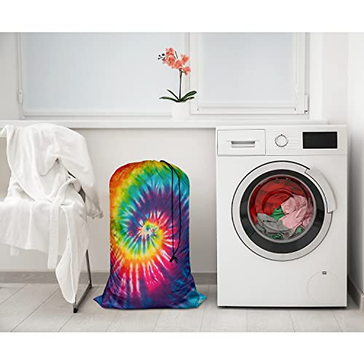 Swono Tie Dye Laundry Bag Drawstring Closure Colorful Psychedelic Rainbow Abstract Pattern Heavy Duty Laundry Portable for Home Dorm Room Essentials for Travel Camp, Oxford Cloth, Spiral