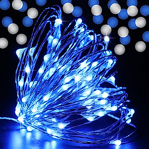 XUNATA Solar String Lights, 66Ft 200 LED 8 Modes Copper Wire Indoor Outdoor Starry String Lights, Waterproof Solar Decoration Lights for Gardens, Homes, Parties (Blue)