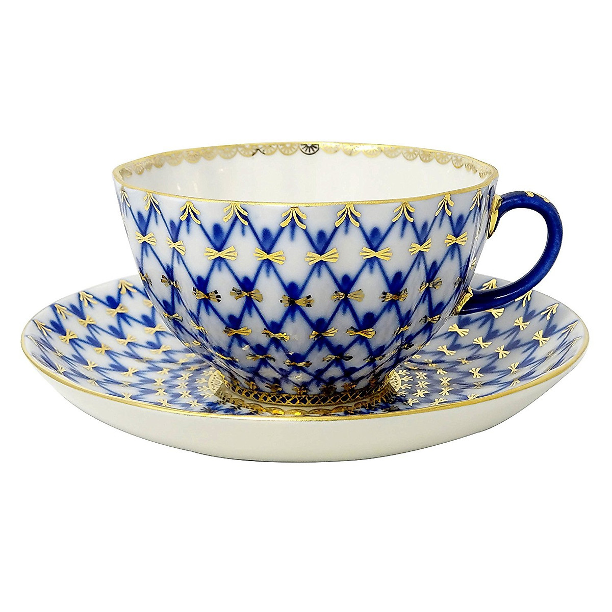 Lomonosov Porcelain Tulip Cobalt Net Tea Cup and Saucer Set 8.45 oz/250 ml
