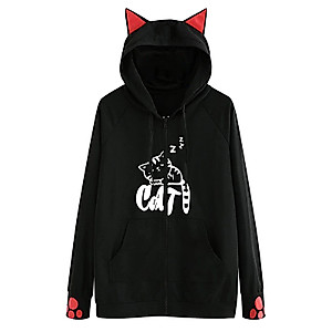 Women Teen Girls Cat Hoodie Sweatshirt Sweater Coats Cute Cat Ear Sleeping Cat Printed Pullover Long Sleeve Sweatshirt