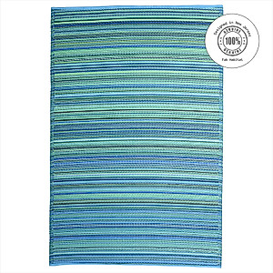 Fab Habitat Outdoor Rug - Waterproof, Fade Resistant, Crease-Free - Premium Recycled Plastic - Striped - Porch, Deck, Balcony, Laundry Room, Patio - Cancun - Turquoise & Moss Green - 3 x 5 ft