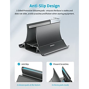 MOMAX Vertical Laptop Stand Holder, Gravity Auto Locking Holder Storage Dock, Space Saving for Desk Organizer, Fits All MacBook, iPad, Surface, Dell, Chromebook, Gaming Laptops (Up to 17.3 inches)